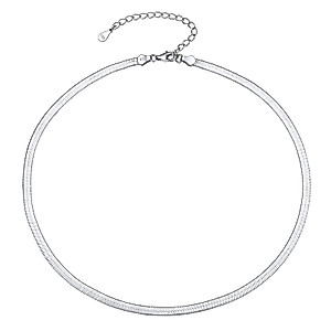 ChicSilver 925 Sterling Silver Herringbone Necklace for Women 3MM White Gold Plated Flat Snake Chain Choker Necklace Fashion Dainty Silver Snake Calvice Chain Short Necklace 12.5 Inch