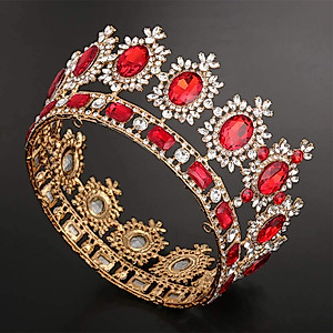 Earofcorn Bride King Size Crown Pageant Crowns Princess Tiara Retro Round Full Crown Bride Hair Accessories (Red) …