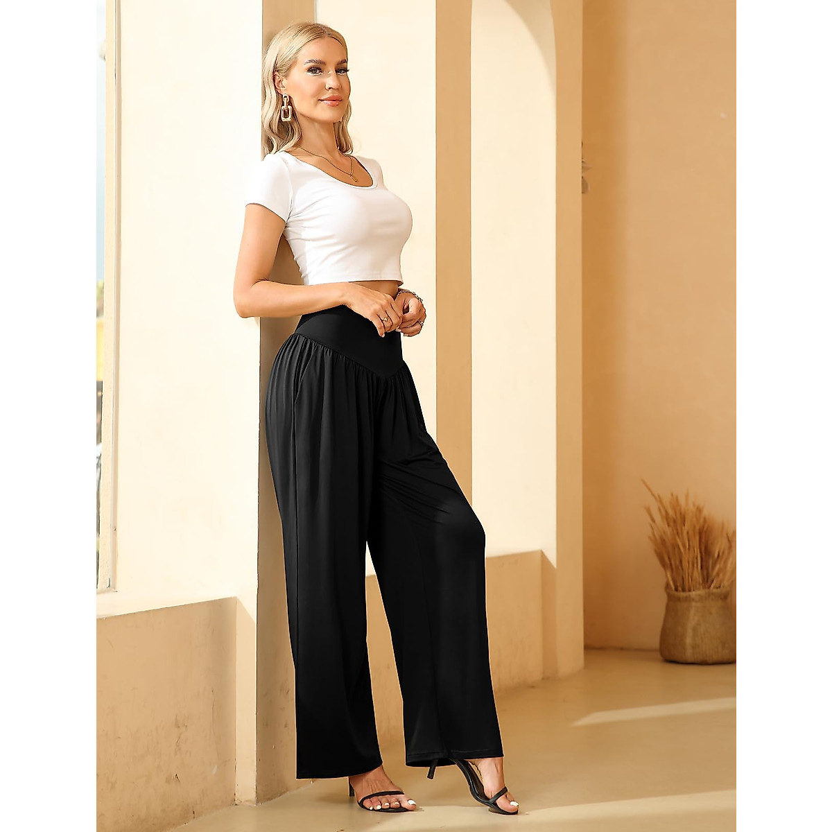 UEU Womens Wide Leg Pants Casual Loose Yoga Lounge Elastic V-Shaped High Waist Palazzo Pants with Pockets, Black, Small