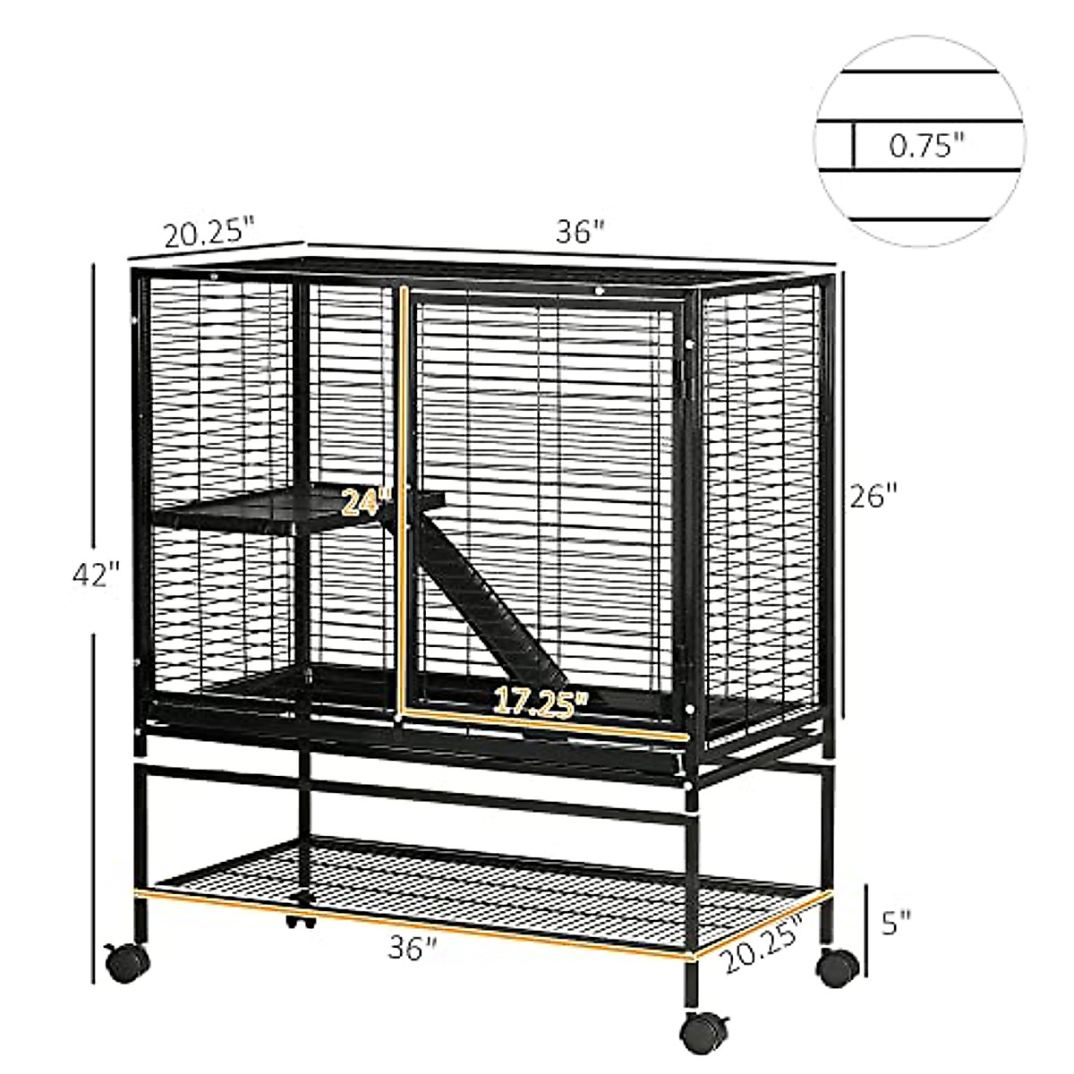 PawHut Guinea Pig Cage with Tray, Small Animal Habitat, Metal Wire Chinchilla Cage, Hedgehog Cage, Pet Ferret Cage with Wheels & Storage Shelf, Little Critter Cage