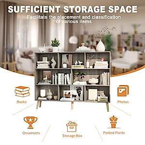 VICLLAX Wood 3 Tier Storage Shelf, 8 Cubes Free Standing Bookshelf with Legs, Display Bookcase for Living Room, Bedroom, Kids Room, Office, Grey