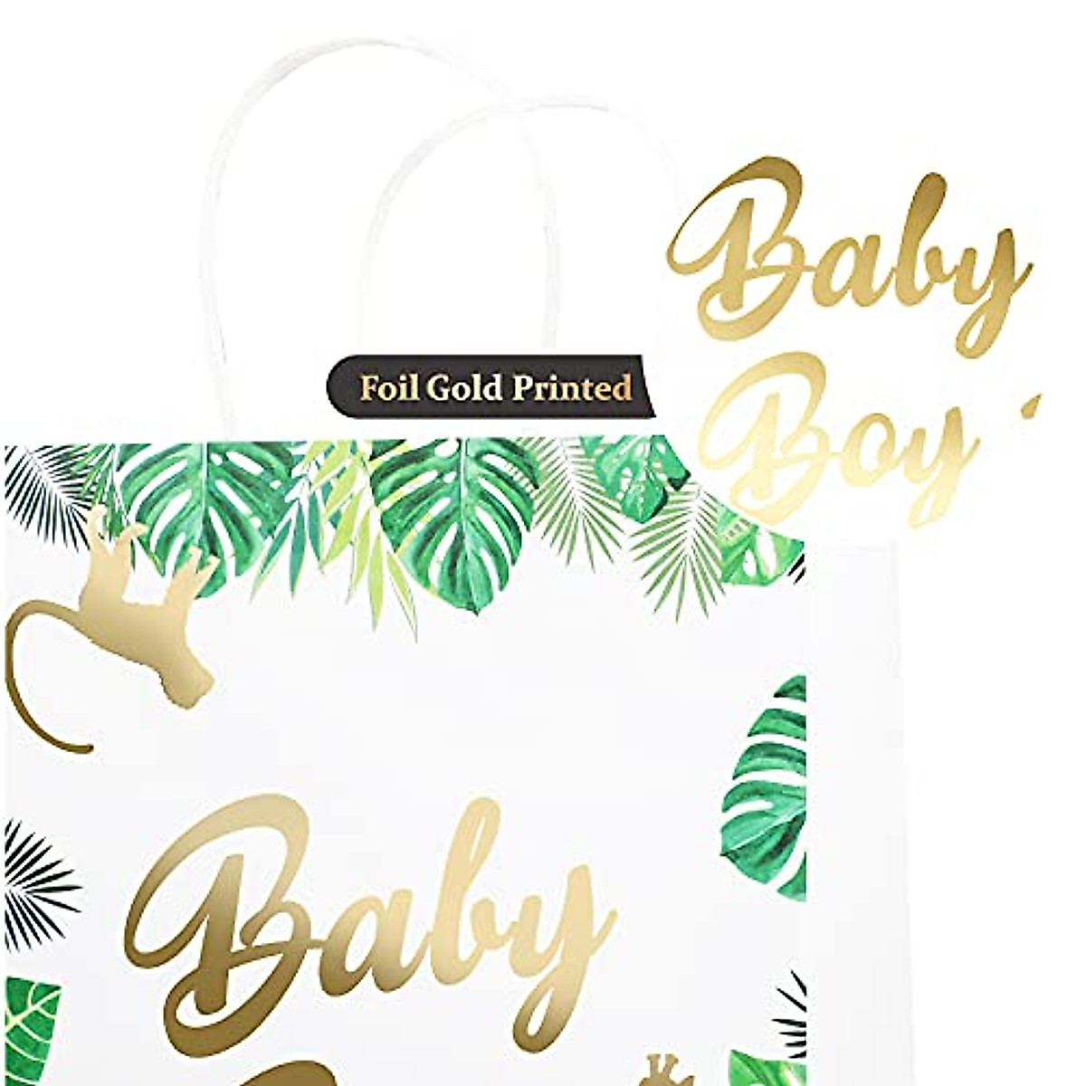 Ocean Line Baby Shower Paper Gift Bags for Boy with Tissue Papers - 12 Pack Kraft Safari Jungle Animals Baby Boy Bags with Gold Wrapping Papers, Size 8" L x 4" W x 10" H