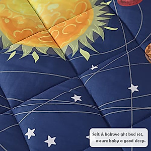 KINBEDY 4 Pieces Space Toddler Bedding Set for Boys Navy Blue Planet Star Bed Sheets Set Comforter Set for Baby Kids | Include Comforter, Flat Sheet, Fitted Sheet, Pillowcase