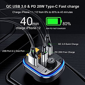 Bluetooth FM Transmitter for Car - Tensun Bluetooth Car Adapter PD20W+QC3.0 Cigarette Lighter Bluetooth 5.0 Radio Receiver Music Player Car Charger Supports Hands-Free Call Siri Google Assistant