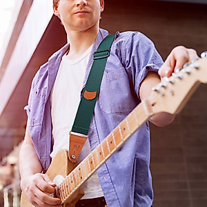 Nefelibata Guitar Strap, Nylon Full Grain Leather Ends Guitar Straps with Pick Pocket for Bass, Electric & Acoustic Guitar, Come with Free Strap Button, 1 Pair Strap Locks and 4 Guitar Picks(Green)