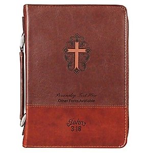 Personalized Custom Bible Cover for Men Two-Tone Brown John 3:16 Faux Leather Christian Gift for Father, Brother, Son, Grandpa, Grandson Laser Engraved Imprinting Your Text Name (Large)