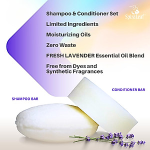 SpiraLeaf Shampoo Bar & Conditioner Bar Set, FRESH LAVENDER Pure Essential Oils, Light Scent, Limited Ingredients, Concentrated Formula, Made USA, Zero Waste, Color-Fragrance Free, Travel Ready