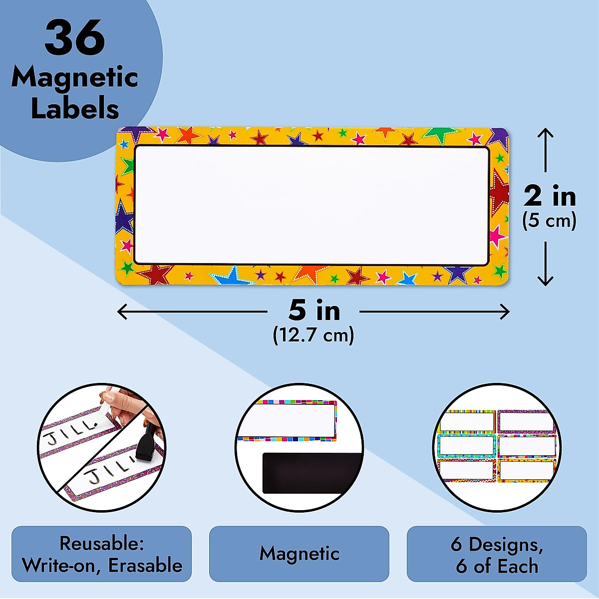 Juvale 36 Pack Magnetic Dry Erase Labels to Write On for Classroom Whiteboard (6 Designs 2x5 in)