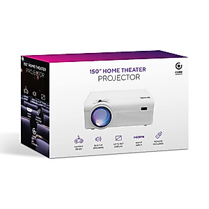 Core Innovations 150" LCD Home Theater Mini Projector, Adjustable Size, Built in Speakers, Compatible with TV Stick, Smartphone, Gaming Consoles, DVD Player, USB, (White)