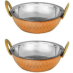 VAKRATUNDA KITCHENWARES 28 Oz Heavy-Duty Food Grade Stainless Steel Kadhai, Copper Bottom, Multipurpose Indian Large Serving Karahi Bowls, 7 Inches Set of (2)