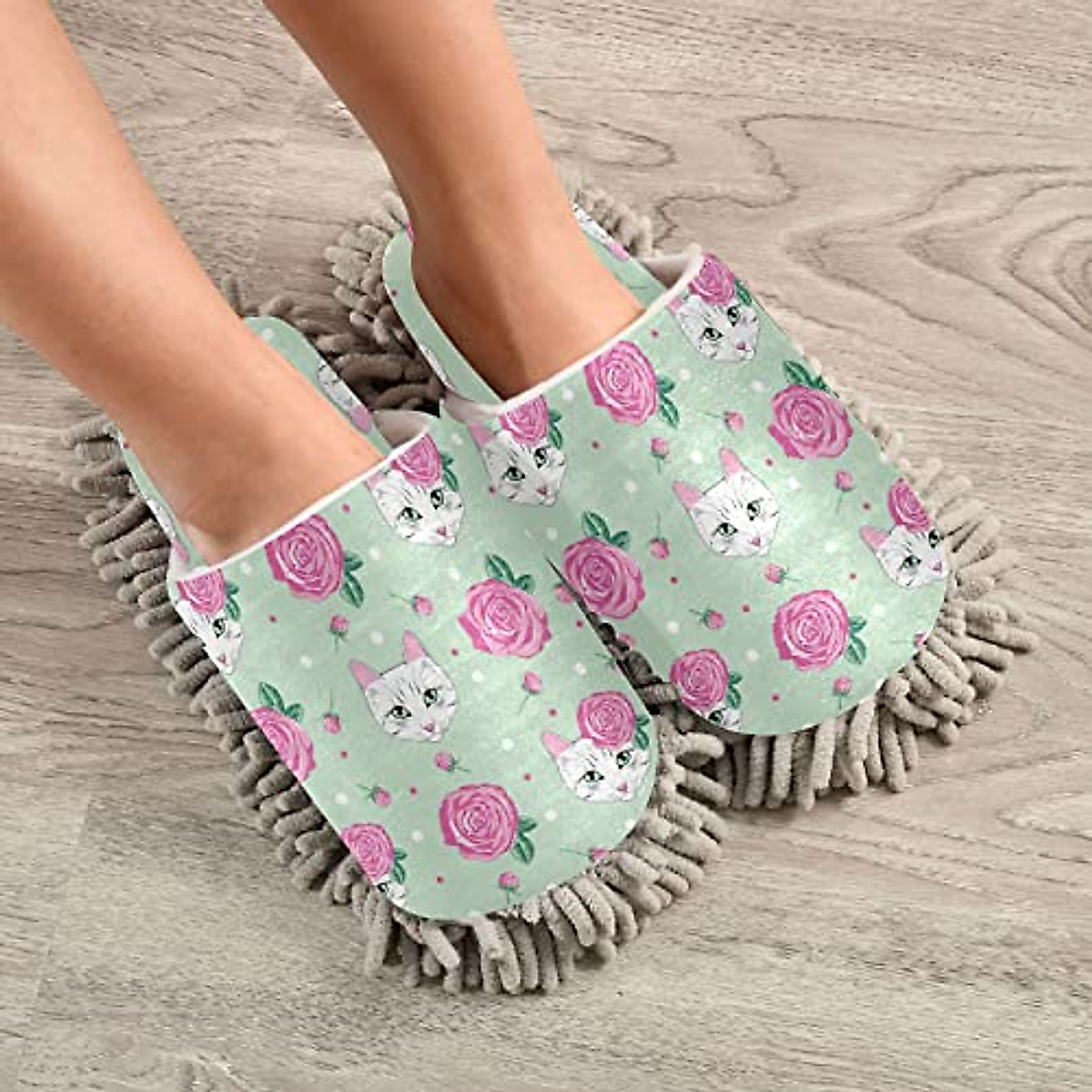 Cat Flowers Roses Mop Slippers Shoes Cover for Floor Cleaning Washable Dirty Hair Dust Cleaners Microfiber Mop Socks for Kitchen House Office