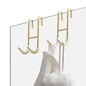Homevacious 2 Pack Shower Door Hooks Towel Hooks for Bathroom Frameless Glass Shower Door SUS 304 Stainless Steel Drilling-Free Hanger Shower Hooks- Brushed Gold
