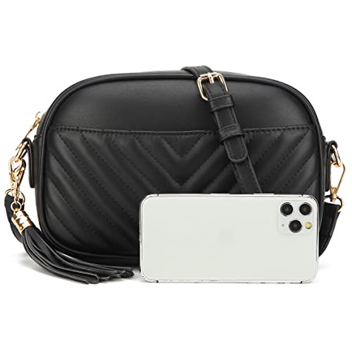 lola mae Quilted Crossbody Bag, PU Lightweight Shoulder Purse Top Zipper Tassel Accent Black Purse(Black-729)