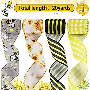 20 Yards Bee and Sunflower Wired Ribbon 2.5 Inch Wide Honeybee Craft Ribbon Black Yellow Wired Edge Ribbon for DIY Wrapping Crafts Decor Party Ornaments, 4 Rolls