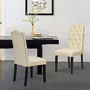 GORELAX Fabric Dining Chairs Set of 2, Modern Upholstered Dining Chair w/Solid Wood Leg, Adjustable Foot Pad, Tufted Kitchen Chairs for Farmhouse, Restaurant (Set of 2, Beige)