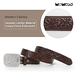WOWOGO Women Men Western Genuine Leather Belt Cowgirl Cowboy Floral Engraved Tooled Belt Strap Embossed Scrollwork Buckle