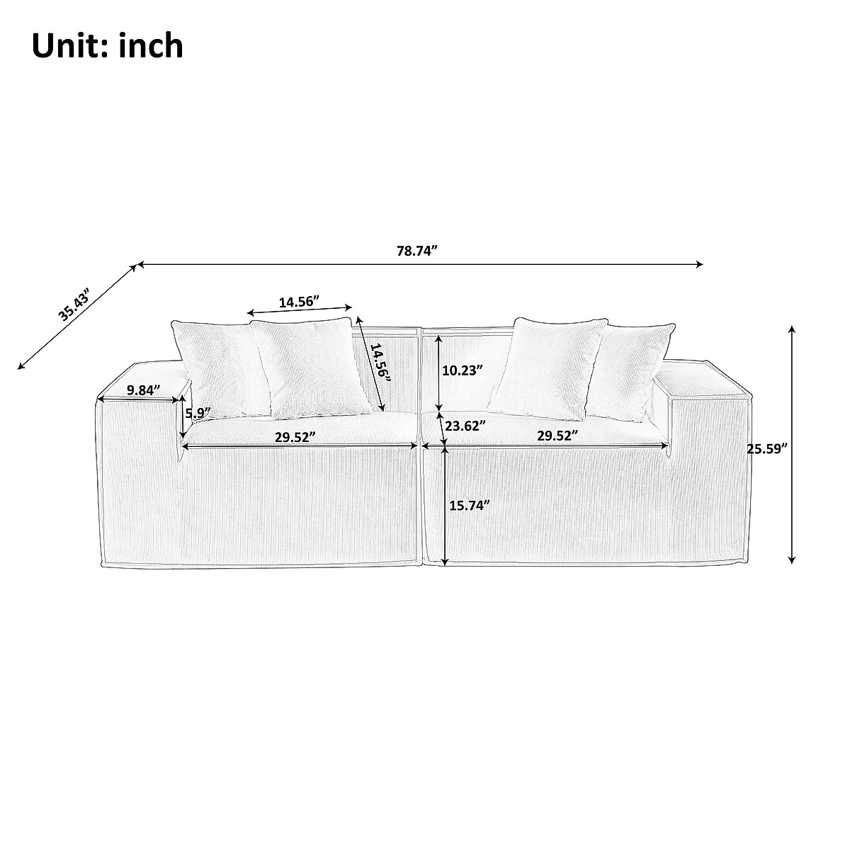 VASOENY 78.74" Modern Loveseat Sofa, Soft Corduroy Love Seat Couch, Comfy Leisure 2 Seater Sofa with 2 Waist Pillow for Living Room, Bedroom, Office, No Assembly Required