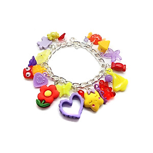 Chunky Charm Bracelet in Red Yellow & Purple, Kawaii Cha Cha Bracelet with Cute Candy Ice Cream Flower and Heart Charms, Adjustable