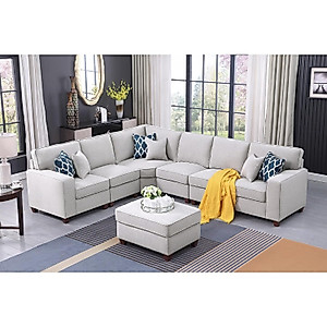 HomeStock Southwestern Sensibilities Upholstered Modern Linen Blend Fabric Sectional Sofa Set - Living Room Sectional Sofa with Ottoman, Living Room Sectional Couch Light Gray/7-Piece/Without Chaise