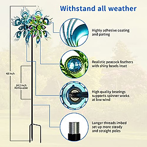 Roaming Light Peacock Wind Spinner, 48Inch Double Wind Sculpture, Kinetic Wind Spinners Outdoor Metal Stake Yard Spinners, Garden Wind Catcher Wind Mills, Wind Spinners for Yard and Garden