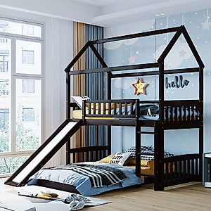 BIADNBZ L-Shaped House Bunk Bed, Twin Over Twin Size Beds with Slide and Roof, Wood Floor Bunkbed Frame, Space-Saving Design, Espresso