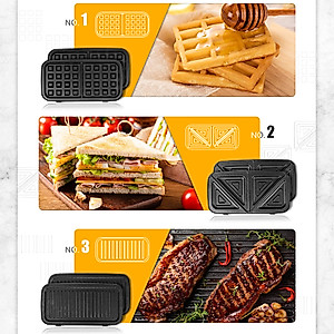 Metine Waffle Makers, 3-in-1 Waffle Iron Panini Press Sandwich Maker with Removable Plates, 5-gears Temperature Control Non Stick Coating Cool Touch Handle Anti-skid Feet for Breakfast 1200W 120V