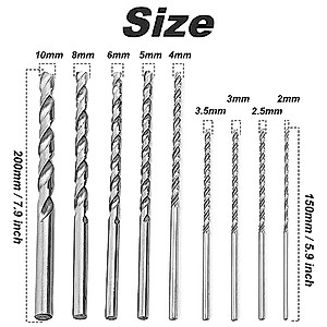 Saipe 9PCS 150-200mm Extra Long Twist Drill Bits Set Round Straight Shank Tool Sets, Lengthened High Speed Steel Twist Drill Set Tool for Wood Plastic and Aluminum(2-10mm OD)