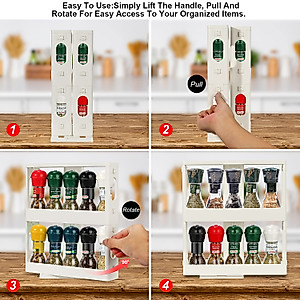 Senhuok Rotating Spice Rack Plastic Seasoning Spice Jar Rack Storage 2 Tier Pull Out Kitchen Cabinet Organiser Slide Salt Bottle Box Holder Shelf Counter Spice Stand Multi-Function Pantry Door Storage