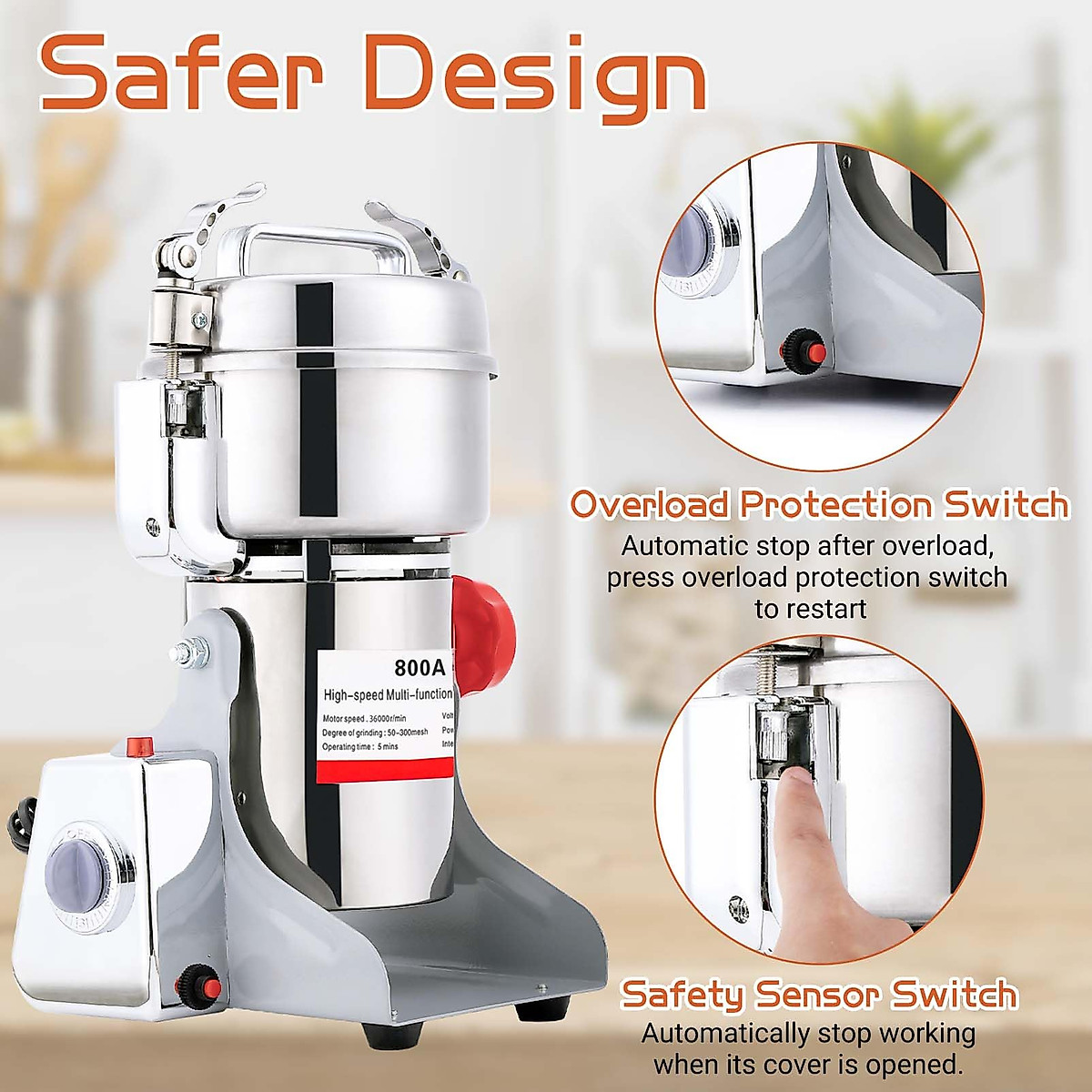 BI-DTOOL 800g Electric Grain Mill Grinder 36000r/min High-speed Grain Spice Herb Grinder 1800W Dry Grinder Machine 304 Stainless Steel Superfine powder Grinder for Kitchen Home and Commercial