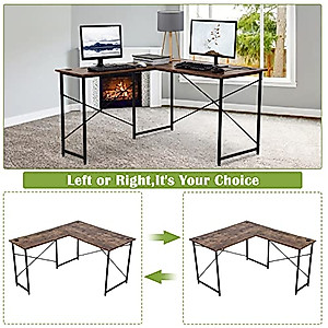 Lucky Shop L-Shaped Desk 47" Corner Computer Desk, Gaming Table with Sturdy X Leg, Adjustable Wood PC Desk, Modern Ergonomic Racing Style Study Desk Workstation, Space-Saving for Home Office, Brown