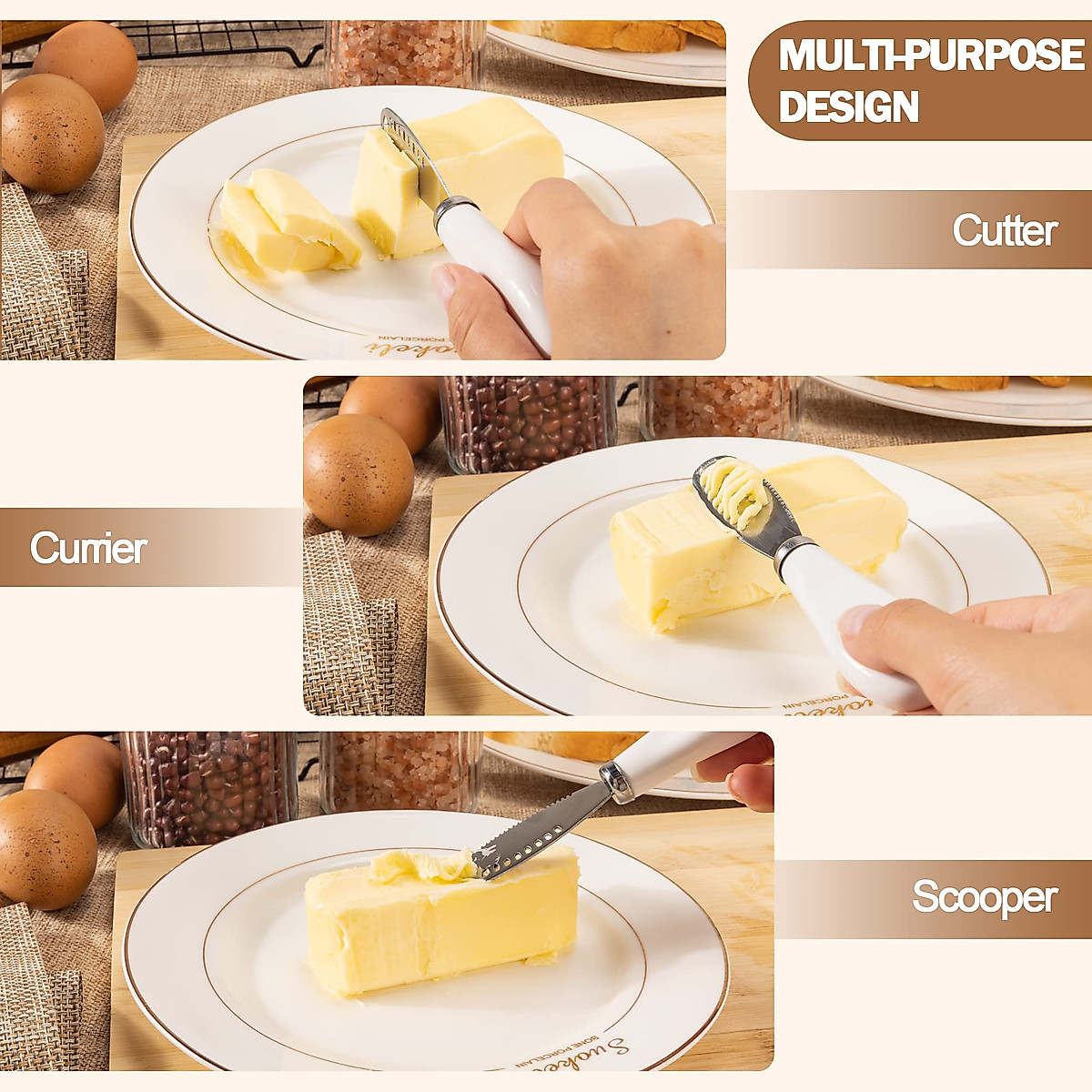 2 Pack Stainless Steel butter Spreader Knife with White Porcelain Handle, 3-in-1 Kitchen Gadgets,5.11 Inch. Butter Spreader for Bread Smear Butter, Jam, Peanut Butter (Butter Knief)