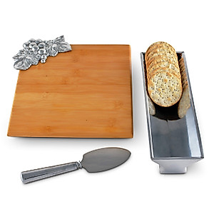 Arthur Court Designs Bamboo Cheese Board with Aluminum Grape Accent Cracker Tray and Spreader 8.5 inch x 8.5 inch board