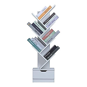 TINSAWOOD 7-Shelf Rack Bookcase, Wooden Tree Bookshelf, Free Standing Book Storage Organizer, for Books/CDs/Albums/Files Holder in Living Room Home Office, White