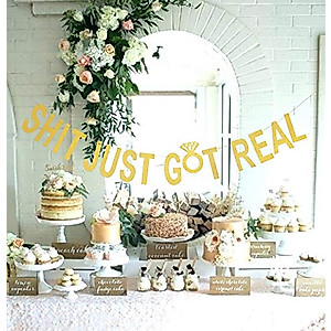 Ucity Shit Just Got Real Banner Gold Glitter Garland for Bachelorette Party Wedding Engagement Bridal Shower Party Decorations