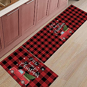 Christmas Kitchen Mat Set of 2, Red Truck Non-Slip Floor Mat Set, Red Buffalo Plaid Xmas Tree Kitchen Rug Runner for Bathroom Living Room, Microfiber Doormat Washable Carpets Holiday Rugs