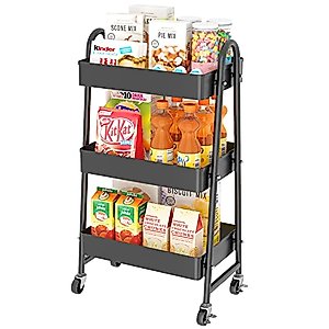 Wisdom Star 3 Tier Utility Rolling Cart, Heavy-Duty Mesh Storage Cart with Locking Wheels, Metal Mobile Trolley Cart for Home, Kitchen, Bathroom, Office，Black