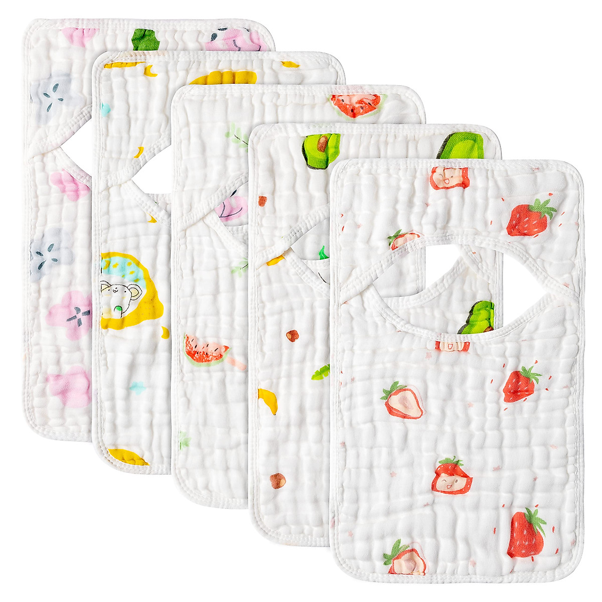 Zainpe 5Pcs Muslin Baby Bibs Banana Lemon Strawberry Pattern Cotton Lap-Shoulder Cloths Drool Bibs Machine Washable Feeding Bib with 6 Absorbent & Soft Layers for Unisex Infants Toddlers Newborns