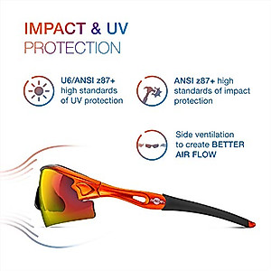 ToolFreak Reevo Safety Glasses - Red Mirror Lens - UV U6 & Impact Protection ANSI z87.1 Rated, Wraparound Lens, Non-Slip Grip, Padded Brow, Pouch & Neck Cord For Men & Woman