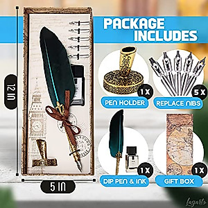 Feather Quill Pen and Ink Set - Calligraphy Pen Dip Set with Inkwell And Stand - Quill Pen Set with 5 Stainless Steel Nibs for Writing Paper, Letter Drawing Pen - Feather Pen Birthday Gift for Adults