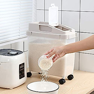 NLGG Airtight 20Lb Rice Container, Food Storage Cereal Container, 12Lb Pet Dog Food Container with Wheels + Measuring Cup, Flour Grain Container for Household, White, QB7305QC1518T56