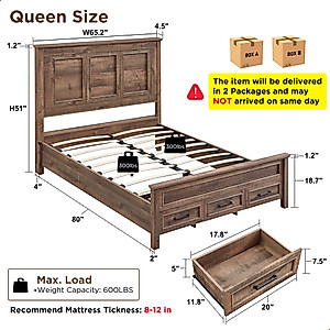 ACCOHOHO Farmhouse Queen Size Bed Frame with 52" Tall Full-Panel Headboard & Footboard, Queen Platform Bedframe with Storage Drawers, Wood Panel Bed Base, No Squeak, No Box Spring Needed, Light Brown