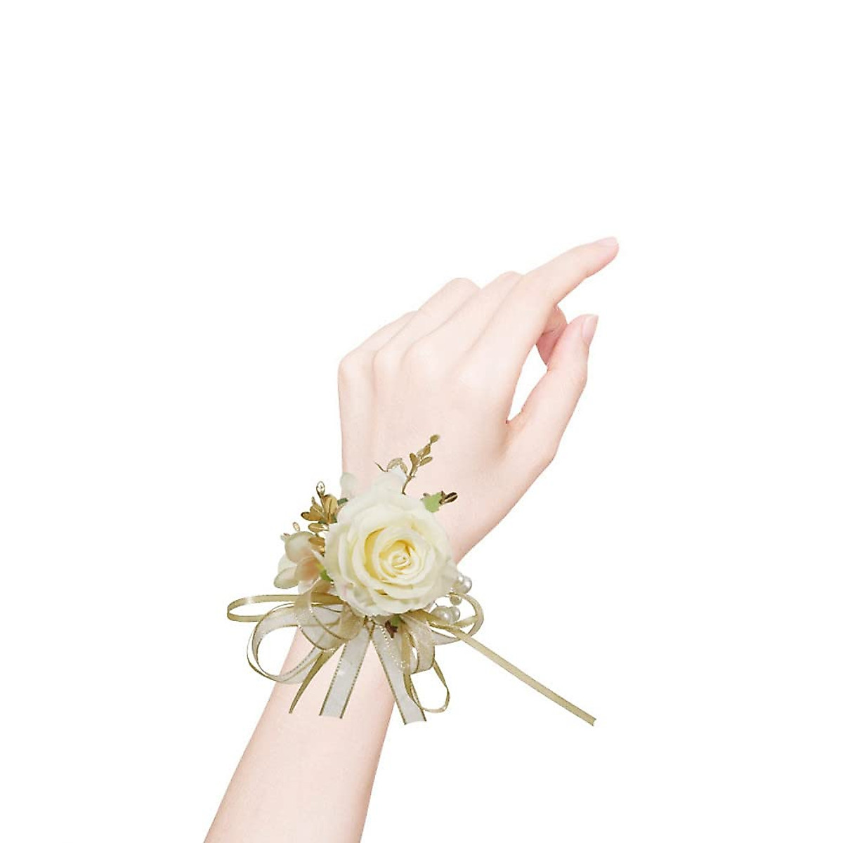 YOKOKE Corsage and Boutonniere Set, Handmade Artificial Peony Rose Wrist Corsage Wristlet and Groom Boutonniere for Men Wedding Prom Suit Decorations (Champagne Cream Gold)