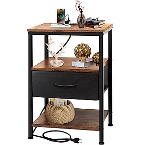 TOWPONICS Nightstand with Charging Station, Bedside End Table with USB Ports and Outlets, Night Stand with Fabric Drawer, Side Table for Bedroom, Dorm, 3-Tier Storage Shelf, Vintage Brown