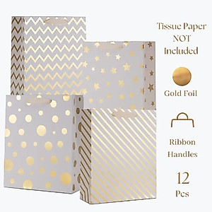 UNIQOOO 12PCS Metallic Gold Christmas Gift Bags Bulk with Handle, Large 12.5 x10 Inch, Assorted Modern Geometric Paper Gift Wrap Bags, For Valentines Day Holiday Birthday Wedding Gift Packaging Decor