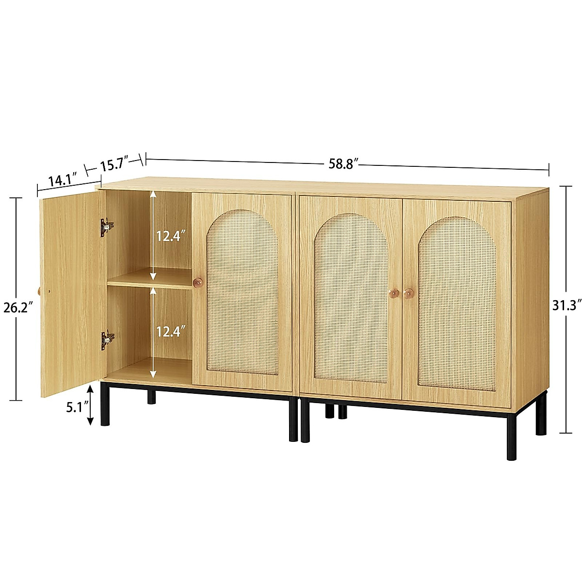 WEENFON Set of 2 Rattan Cabinet, Storage Cabinet with Doors and Shelf, Buffet Cabinet with Metal Bottom Frame, Accent Cabinet, Entryway Cabinet for Kitchen, Natural