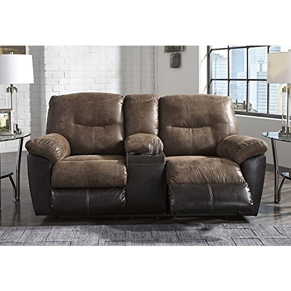 Signature Design by Ashley Follett Faux Leather Manual Pull Tab Reclining Loveseat with Center Console, Two Tone Brown