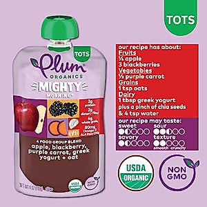 Plum Organics Mighty Food Group Blend, Organic Baby Food Meals [12+ Months], Quinoa, Blackberry, Purple Carrot, Greek Yogurt & Oat, Kosher, USDA Certified Organic, Non-GMO, 4 Ounce Pouch (Pack Of 6)