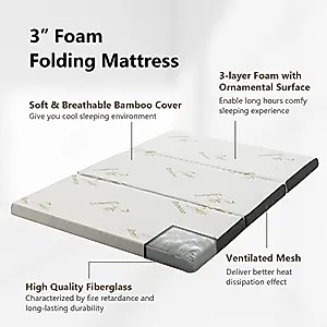 Giantex Folding Mattress Queen, 3” Tri-fold Memory Foam Mattress, Foldable Mattress Topper w/Soft Bamboo Cover, Portable Mattress w/Carrying Bag for RV Camping Guest Bed, CertiPUR-US Certified (Queen)