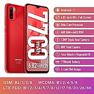 Ulefone Unlocked Smartphone Note 12P, 4-Day Battery, Android 11, Triple Rear Camera, 3-Card Slots, 6.82" Ultra-Large Screen, OTG, Global Bands, Lightweight Structure, T-Mobile, US Version - Red