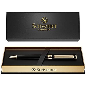 Scriveiner Black Lacquer Ballpoint Pen - Stunning Luxury Pen with 24K Gold Finish, Schmidt Black Refill, Best Ball Pen Gift Set for Men & Women, Professional Executive Office, Nice Fancy Designer Pens